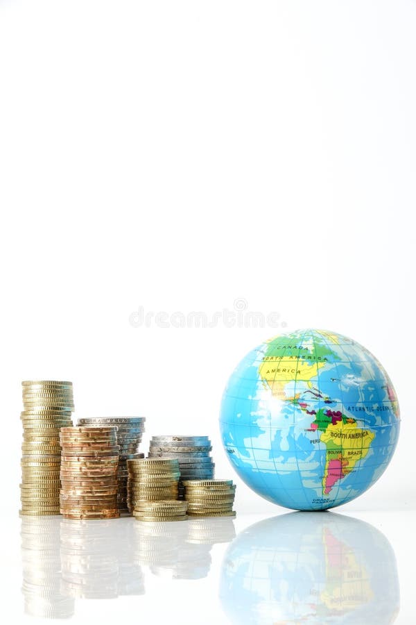 Global Economy Concept with Sphere Globe and Stacked of Coins Over ...