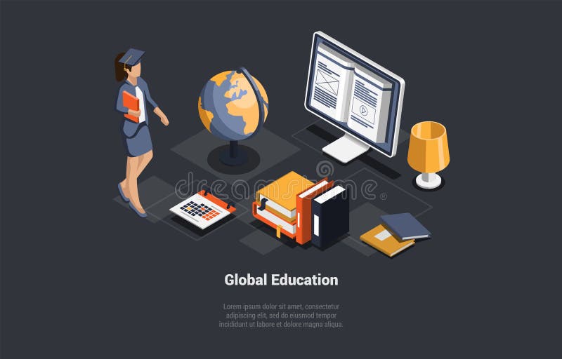 Global Education and Online E-Learning. Girl Student Has Exam or Course ...