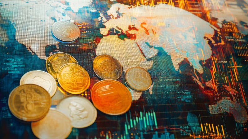 Global Finance: Coins on a World Map Background Stock Illustration ...