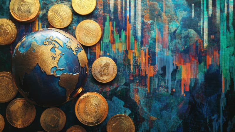 Global Finance: Gold Coins and World Map on a Vibrant Chart Background ...