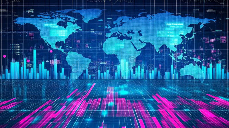 Global Financial Data Network Blue Line Graphs, World Map, and Data ...