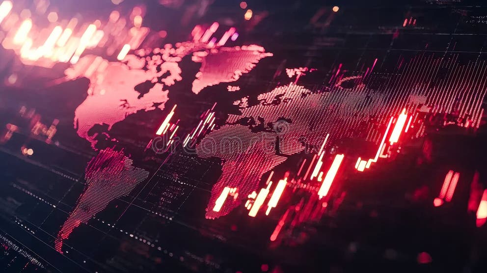 Global Financial Data Visualization with Digital World Map and Red ...