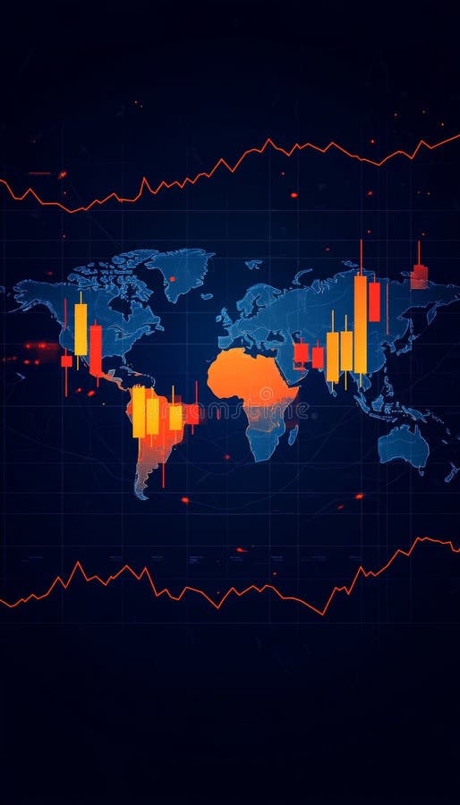 Global Financial Market Data Blue World Map with Orange, Red ...