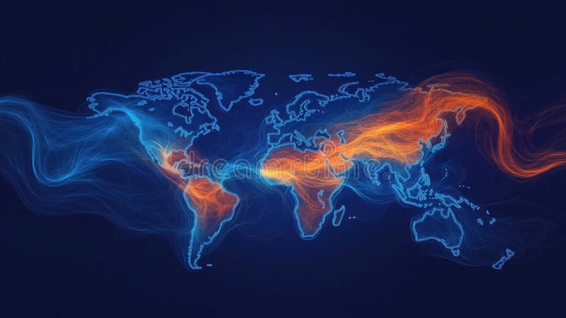 Global Flow of Energy Illustrated with Blue and Orange Lines on World ...