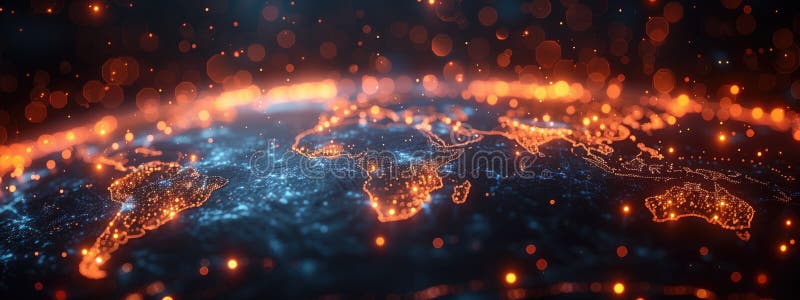 Global Illumination of World Map with Glowing Lights and Bokeh. Stock ...