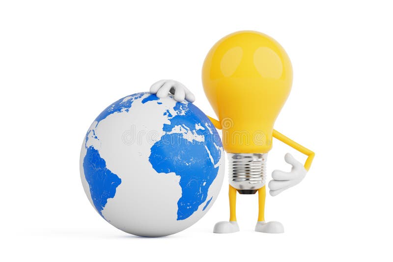 Global Innovation and Knowledge Concept. Yellow Light Bulb Character ...