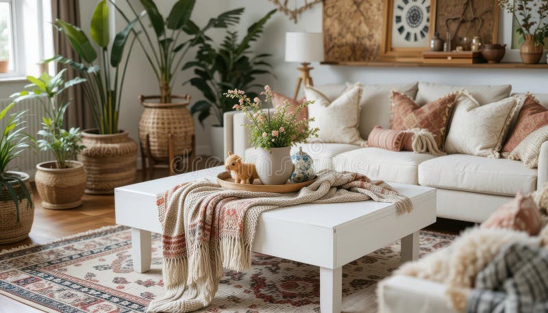 Global Inspired White Coffee Table Draped with a Patterned Wool Throw ...