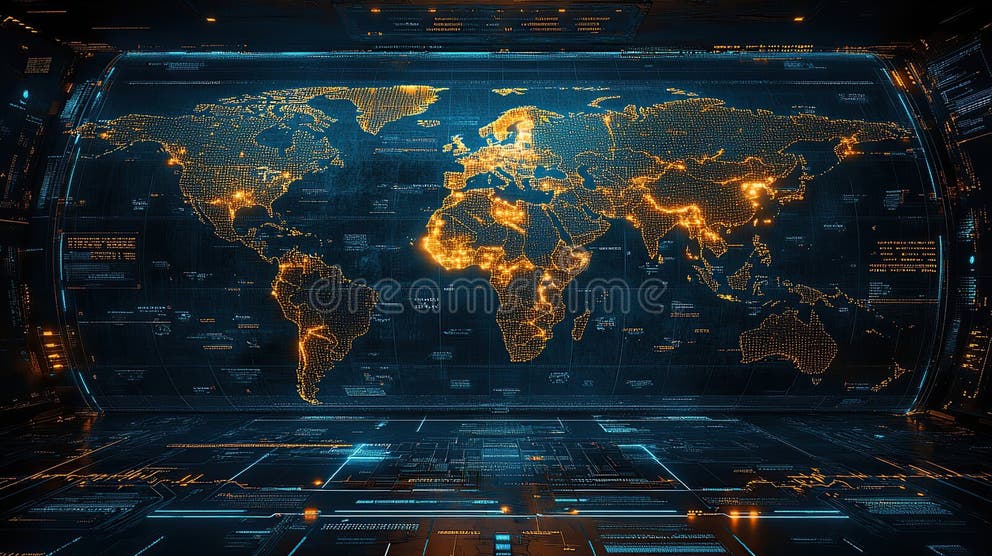 Global Interactive Map Displayed on Futuristic Dashboard, with Data Streams in the Background ...