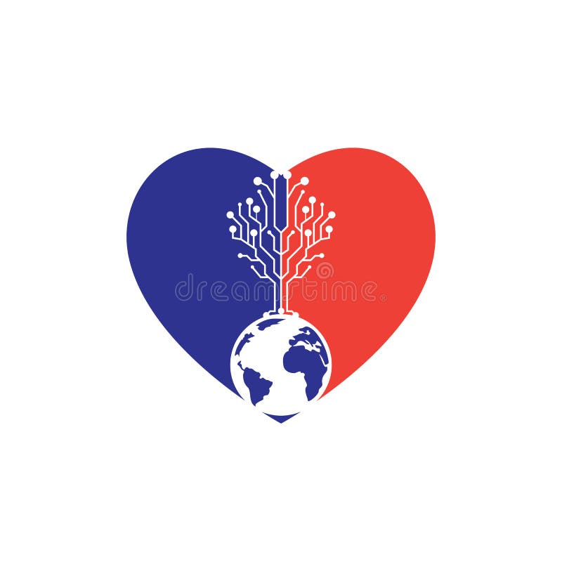 World Tech Vector Logo Design Template. Globe and Tech Tree with Heart ...