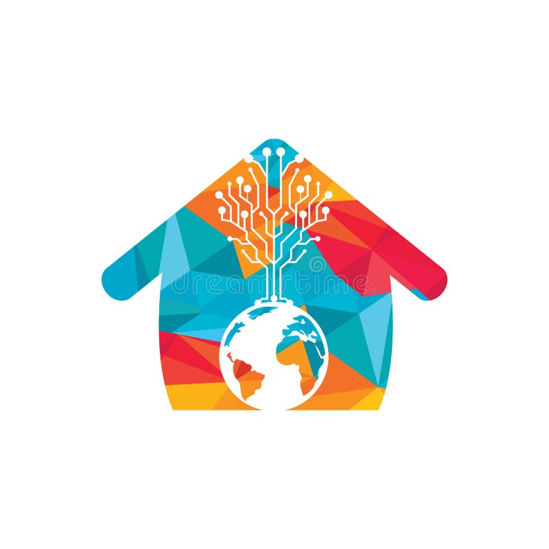 World Tech Vector Logo Design Template. Globe and Tech Tree with Home ...