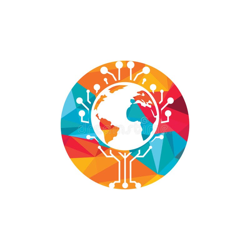 World Tech Vector Logo Design Template. Globe and Tech Tree Icon Design ...