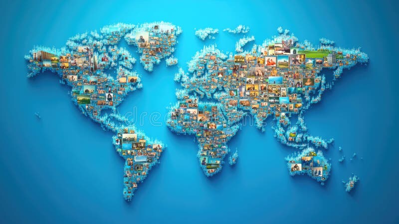 Global Landmarks Forming a World Map on a Blue Background. Global ...