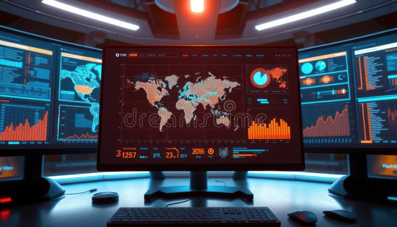 Global Logistic Dashboard Displays Dynamic World Map with Data Points. Interactive Tech ...