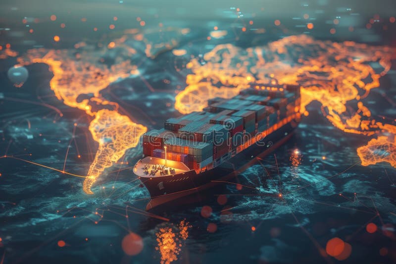 Global Logistic Network on World Map with Cargo Ship, Symbolizing Ai ...
