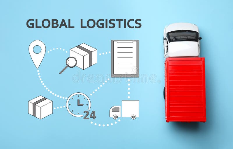 Global Logistics Concept. Truck and Icons on Blue Background Stock ...