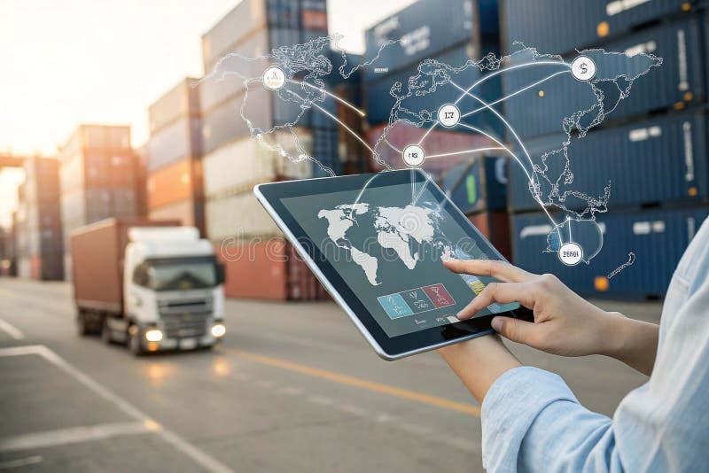 Global Logistics Management Using a Tablet Stock Illustration ...
