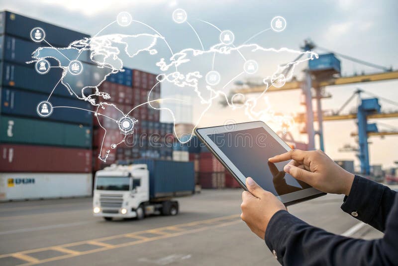 Global Logistics Management Using Tablet at Port Stock Illustration ...