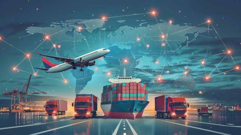 Global Logistics Network Concept with Airplane, Cargo Ship, and Trucks ...