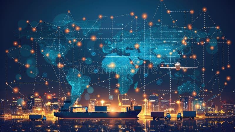 Global Logistics Network Concept with Airplane, Cargo Ship, and Trucks ...