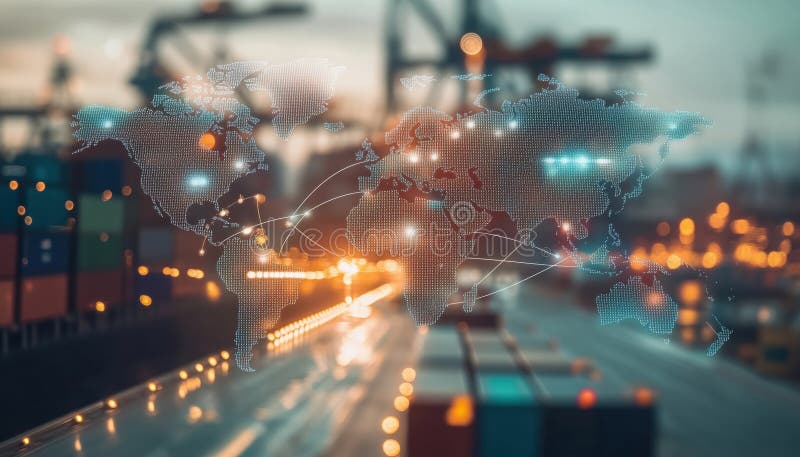 Global Logistics Network Map Featuring Front Container Cargo Ship for ...