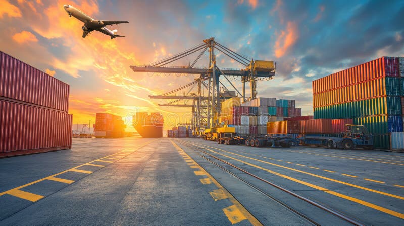 Global Logistics Port with Containers Stock Illustration - Illustration ...