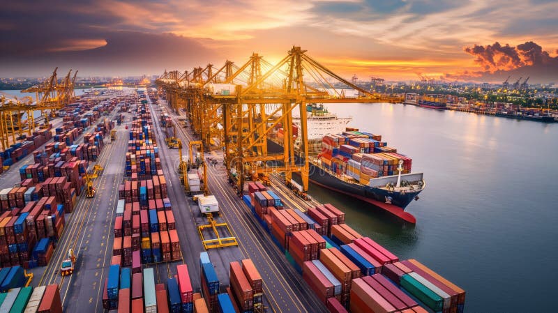 Global Logistics Port with Containers Stock Illustration - Illustration ...