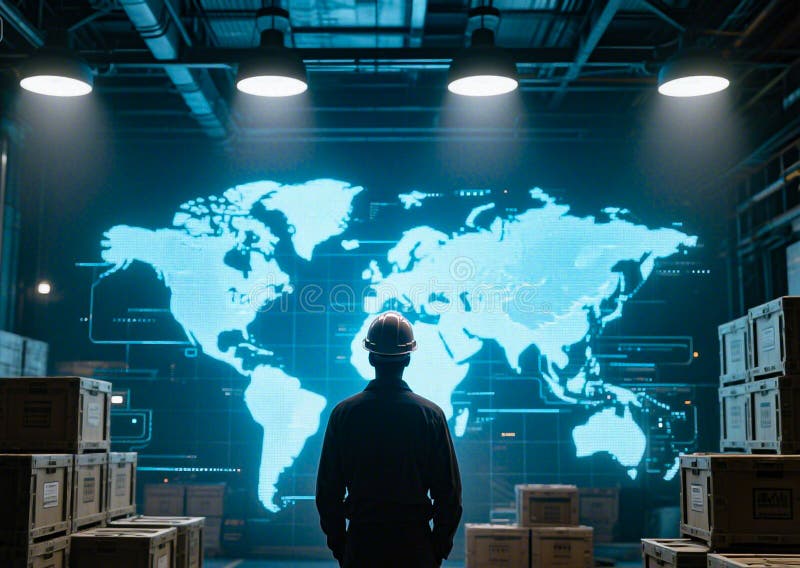 Global Logistics Vision: Worker in Warehouse with World Map Projection ...