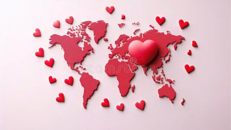 Global Love and Unity Concept with World Map and Heart Symbols Stock ...