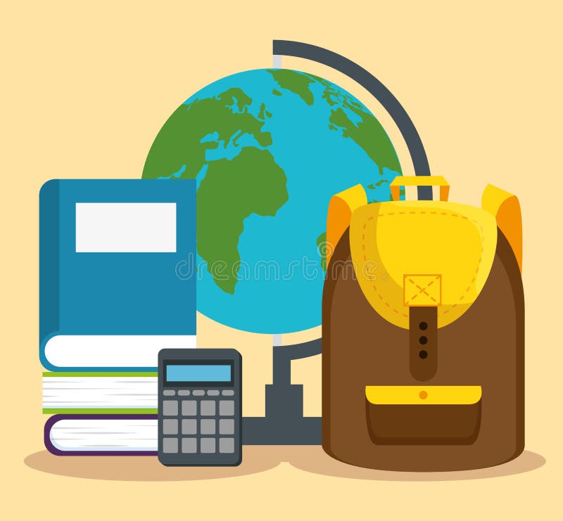 Global Map with Backpack and Books with Calculator Stock Illustration ...