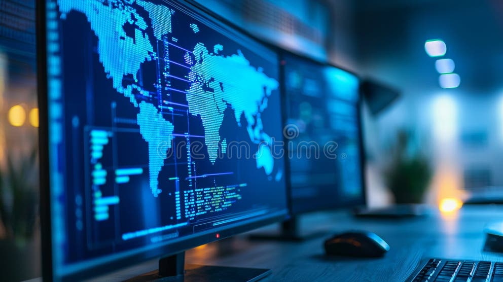 Global Map on Computer Monitor in Dark Office Setting Stock Image ...