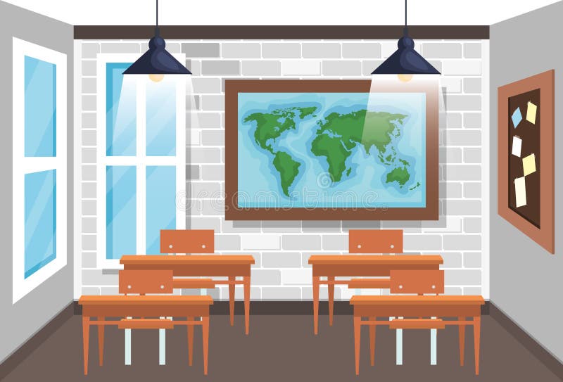 Classroom with Global Map and Note Board with Desks Stock Illustration ...