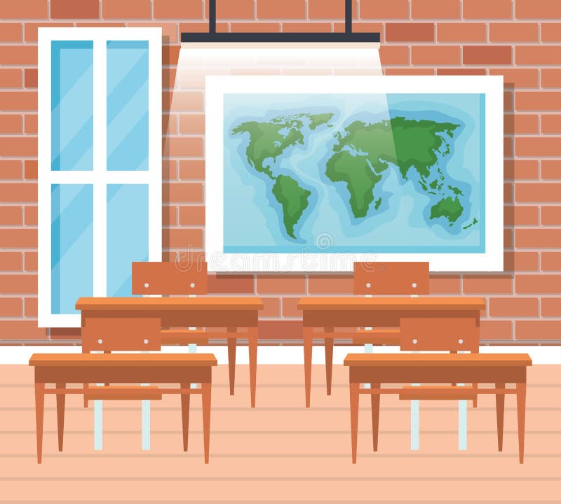 Global Map with Desks and Note Board in the Classroom Stock ...