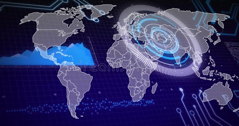 Global Map with Digital Data Processing Animation Over Continents and ...