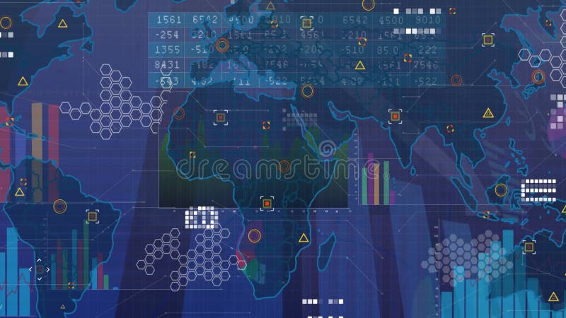 Global Map Displaying Dynamic Data Streams with Color Bar Charts, Hexagon Grid, Numeric Panels ...