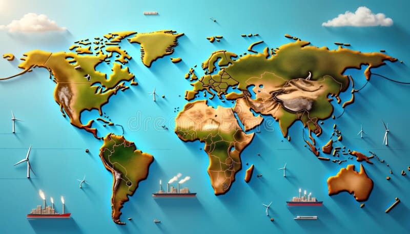 Global Map Illustration Shows Renewable Energy Sources, Cities. World Map Displays Different Eco ...
