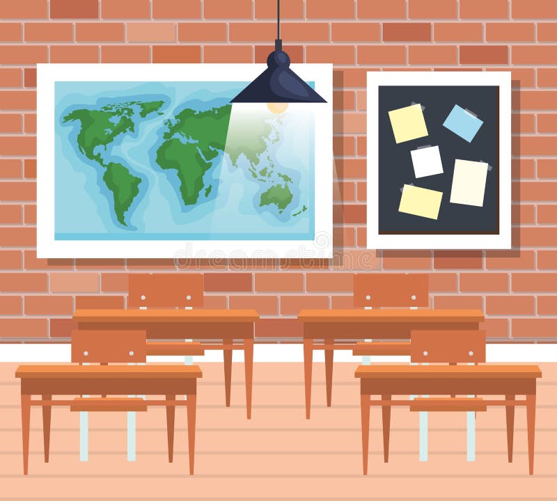 Global Map with Note Board and Desks in the Classroom Stock ...