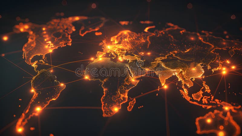 Global Map with Orange Glowing Connections on Dark Background Stock ...