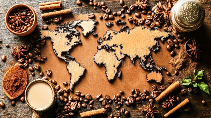 Global Map Outlined with Coffee Beans and Surrounded by Spices for a Natural Culinary Display ...