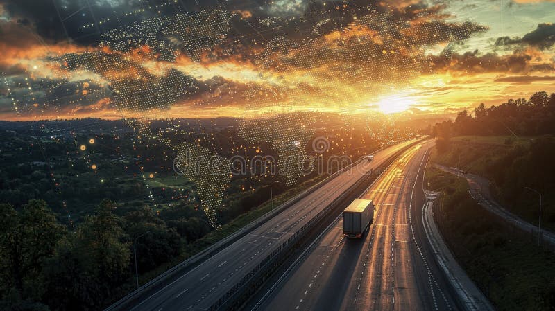 Global Map Overlay on Serene Highway at Sunset Stock Illustration ...