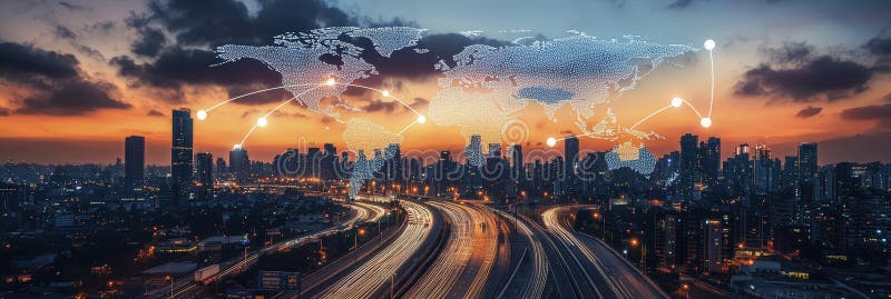 Global Map Visualization Over Sunset Urban Landscape Stock Illustration ...