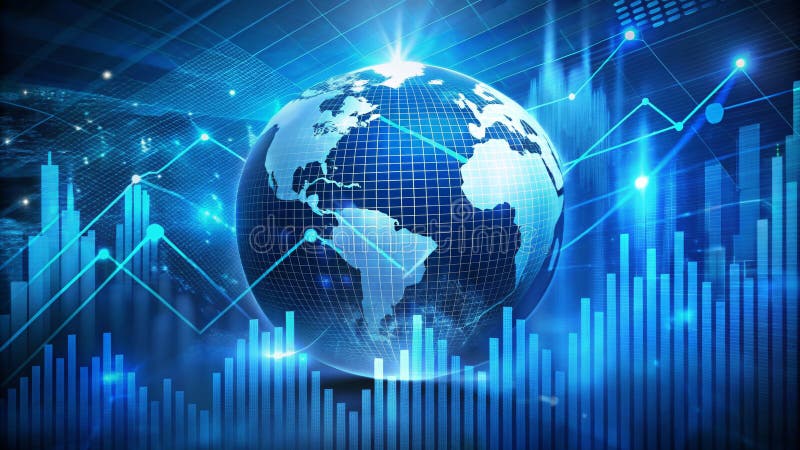 Global Market Growth Blue Grid Globe and Bar Chart Visualization Stock ...