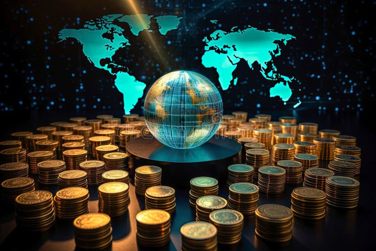Global Money. Globe and Stack with Gold Coins. Block Chain, Virtual ...