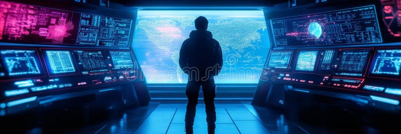 Global Monitoring Station a Lone Figure Stands before a Large Screen ... Global Monitoring Station a Lone Figure Stands before a Large Screen ...