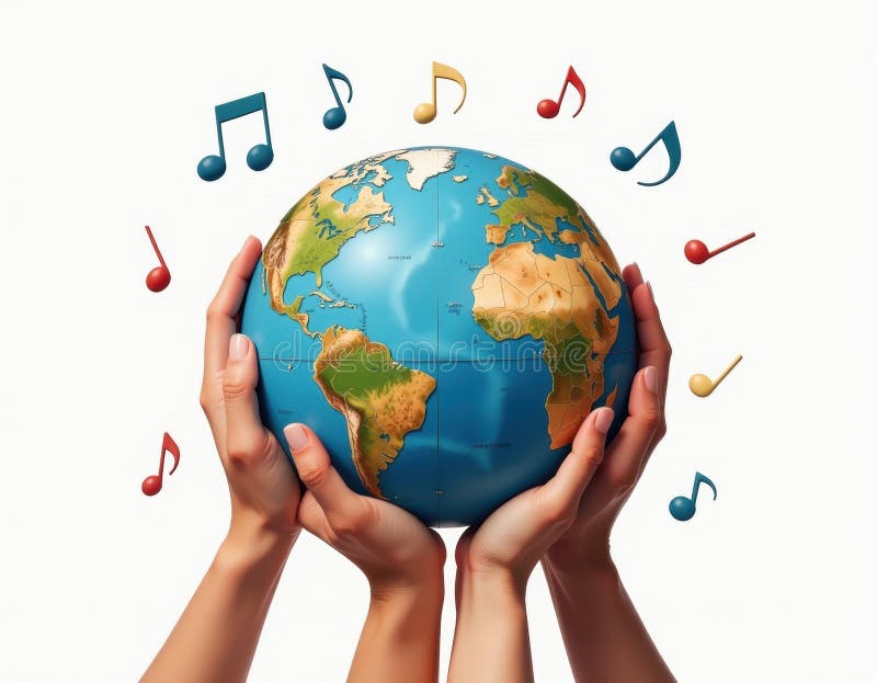 Global Music Harmony Hands Holding Earth with Musical Notes Stock ...