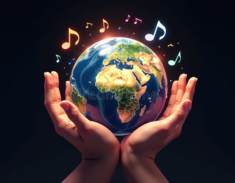 Global Music Harmony Hands Holding Earth with Musical Notes Stock ...