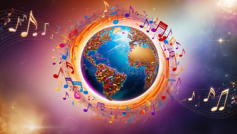 Global Music Network with a World Globe and Musical Notes Over a Space ...