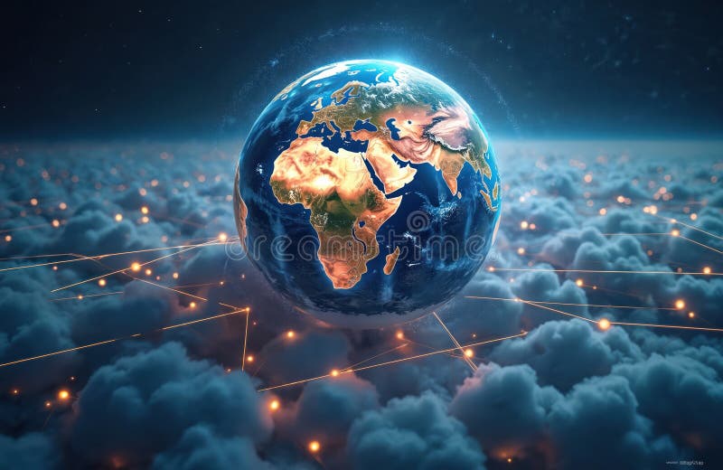 Global Network Above Clouds, Earth. Worldwide Systems Exchanging ...
