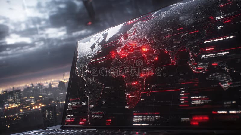 Global Network Analysis Digital World Map on Laptop with Cityscape ...