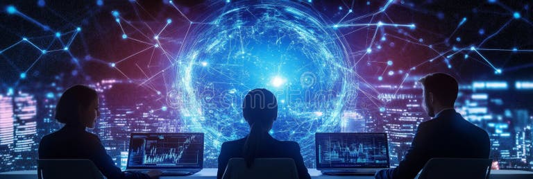 Global Network Analysts at Work Three Analysts Monitor a Glowing ...