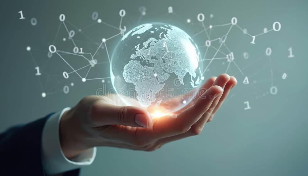 Global Network of Binary Code Orbits Holographic Earth Held in Pro Hand. Blockchain Technology ...